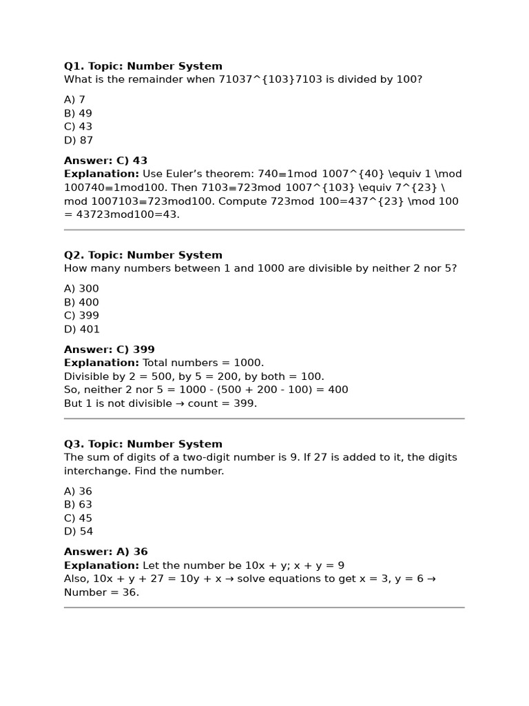 Number System Problems and Solutions | PDF | Speed | Mathematics