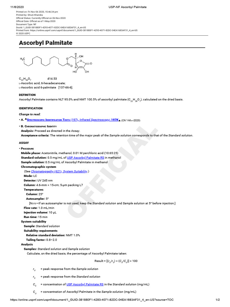USP-NF Ascorbyl Palmitate Standards | PDF | Chromatography | Analysis