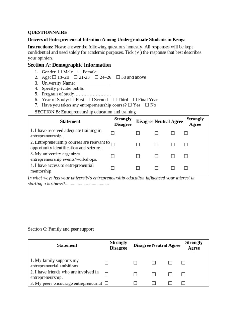 Entrepreneurial Intention Survey for Students | PDF | Entrepreneurship ...