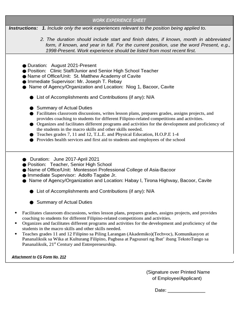 Cs Form No. 212 Attachment - Work Experience Sheet | PDF | Human ...