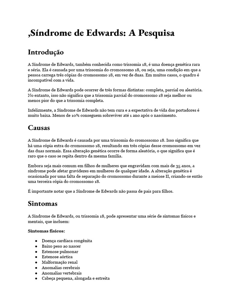 Síndrome de Edwards: Causas e Sintomas | PDF | Aconselhamento genético ...