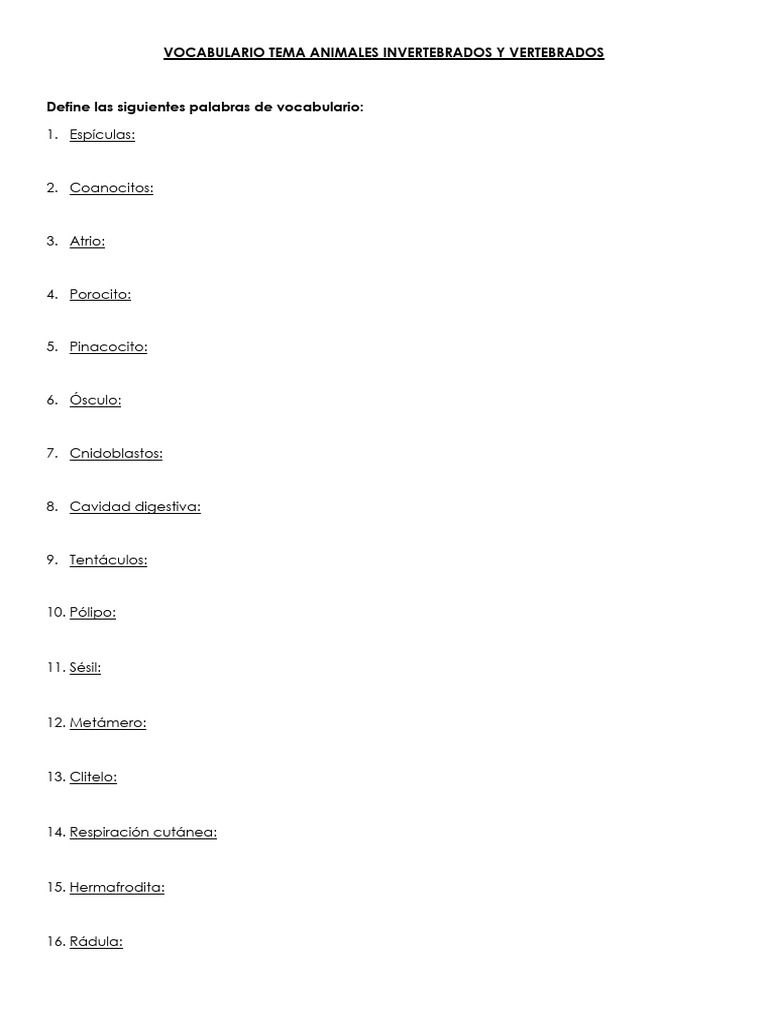 Vocabulario Tema Animales Invertebrados y Vertebrados | PDF