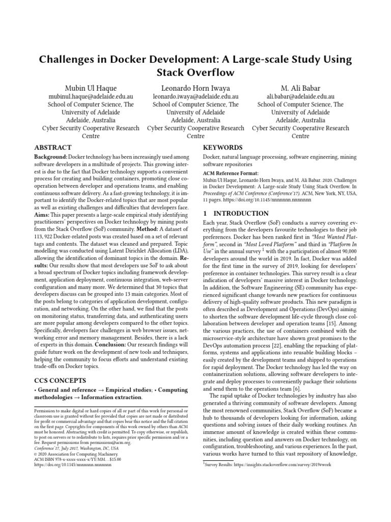 Haque Et Al. - 2020 - Challenges in Docker Development A Large-Scale Study Using Stack Overflow ...