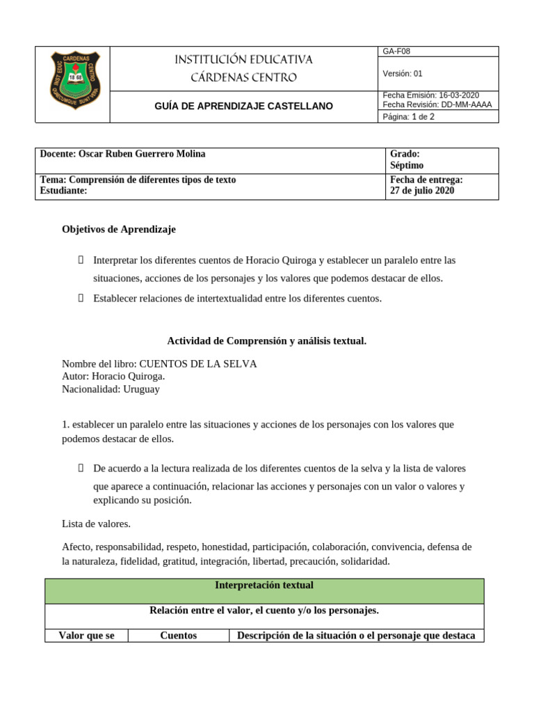 Act. 4 Cuentos de La Selva Horacio | PDF