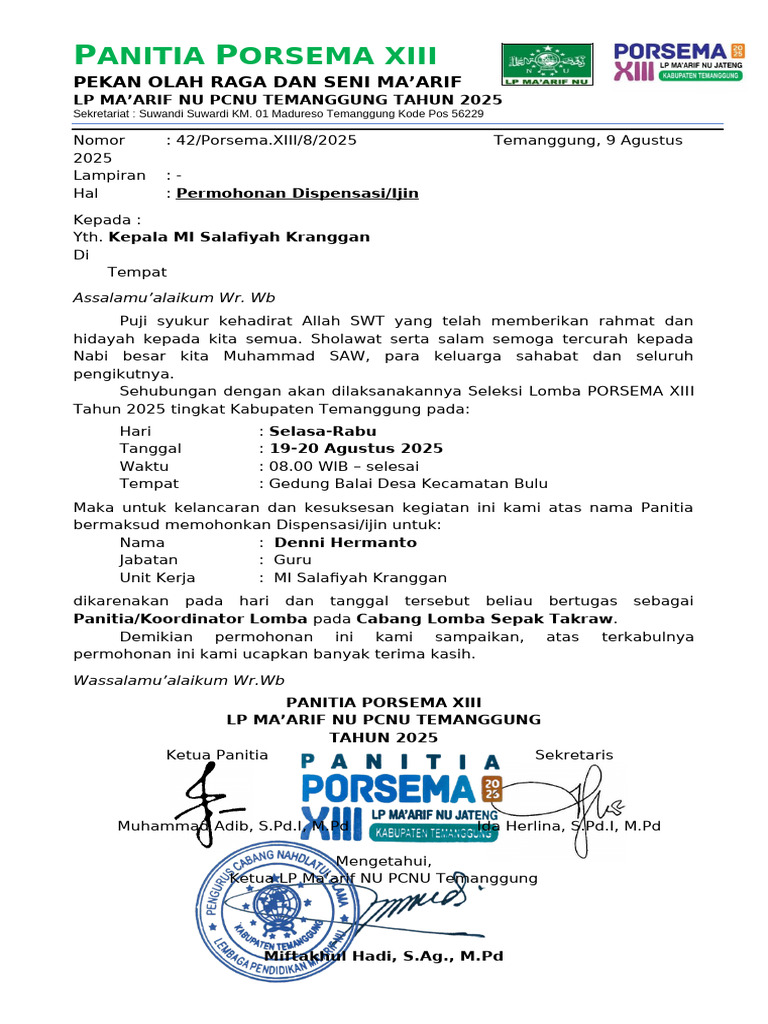 Permohonan Dispensasi PORSEMA XIII 2025 | PDF