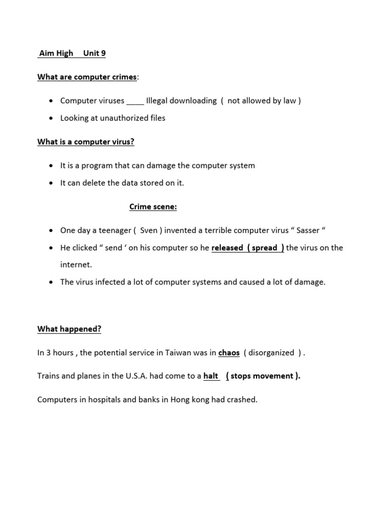 Aim High Unit 9 Prim Six | PDF | Computer Virus | Crimes