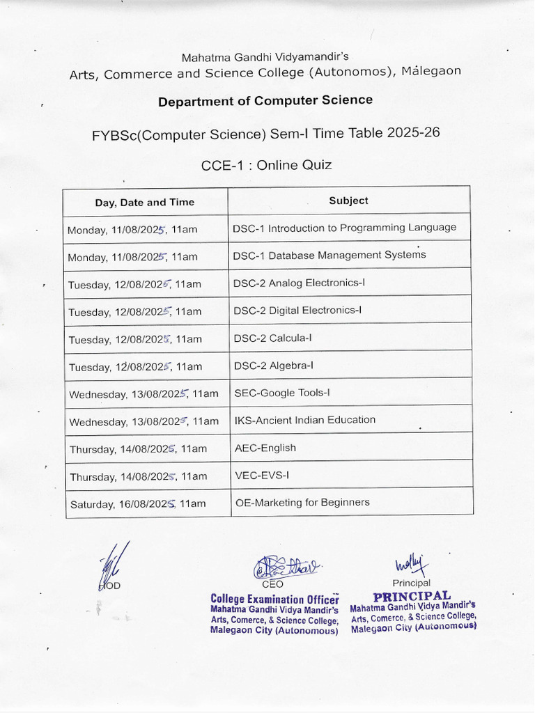 FY BSC Computer Science Online Exam Time Table | PDF