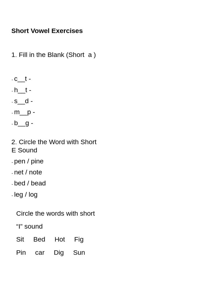 Short Vowel Exercises | PDF