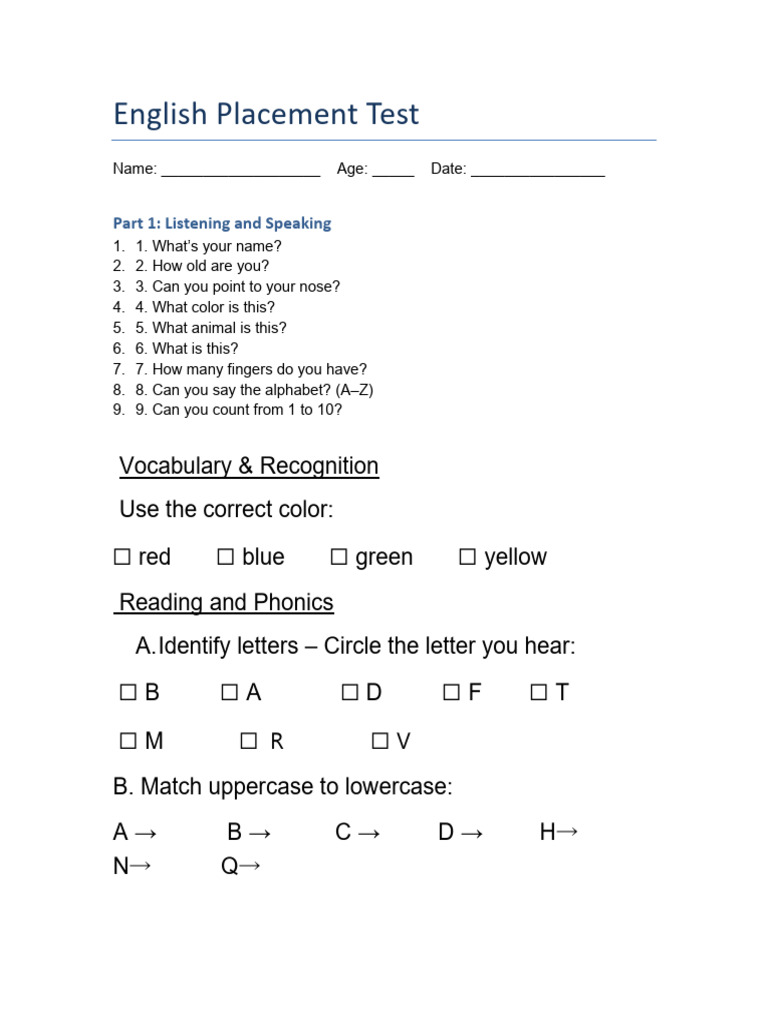 English Placement Test for Beginners | PDF