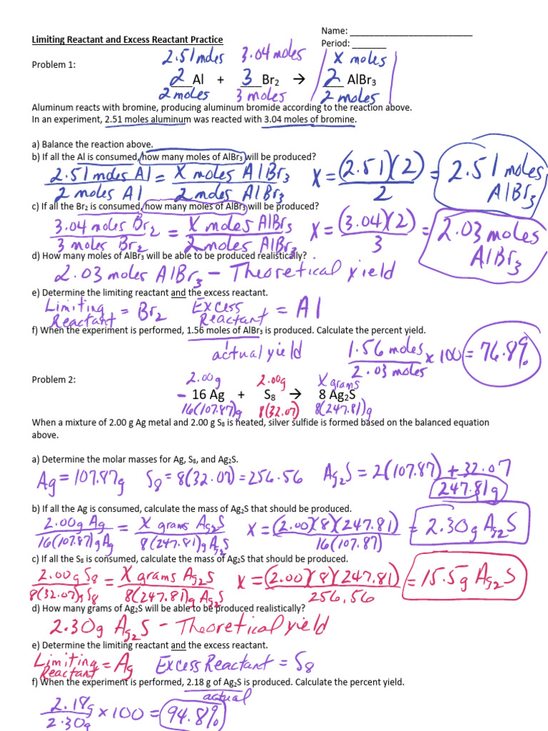 05G Limiting Reactant and Excess Reactant Practice Key | PDF | Atoms ...