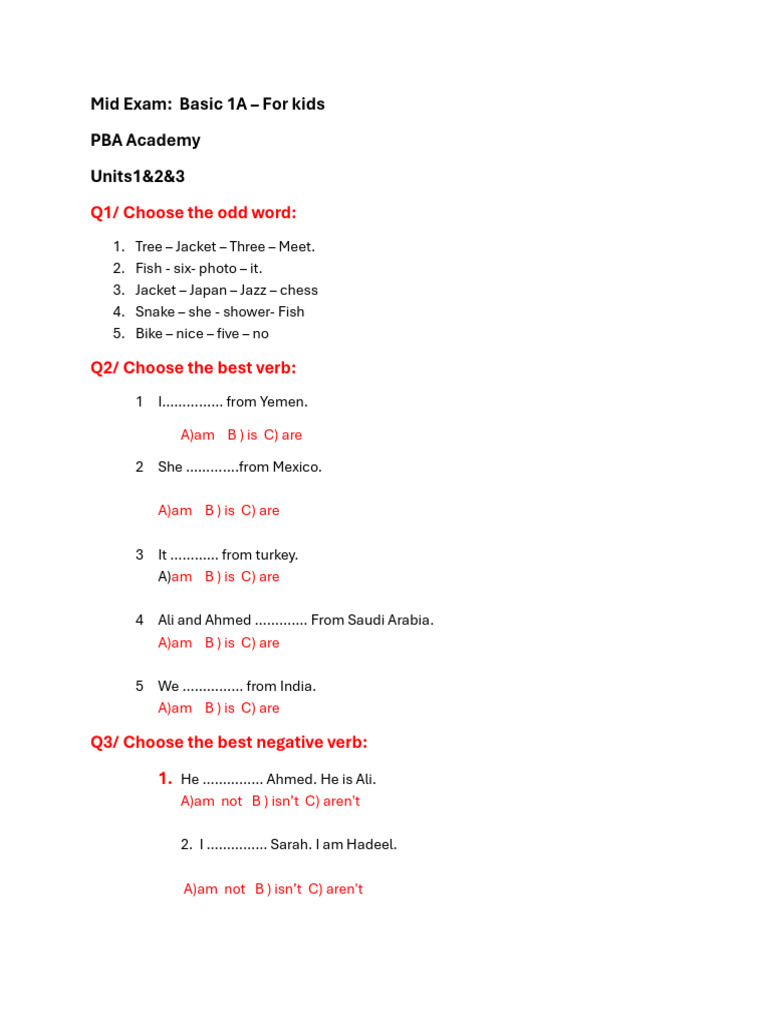 Mid Exam for Kids: Basic 1A Units 1-3 | PDF | Chess | Chess Theory