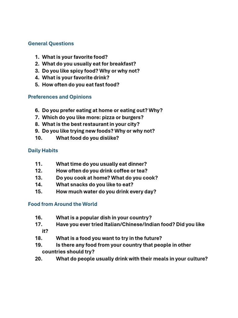 Food Preferences and Habits Survey | PDF