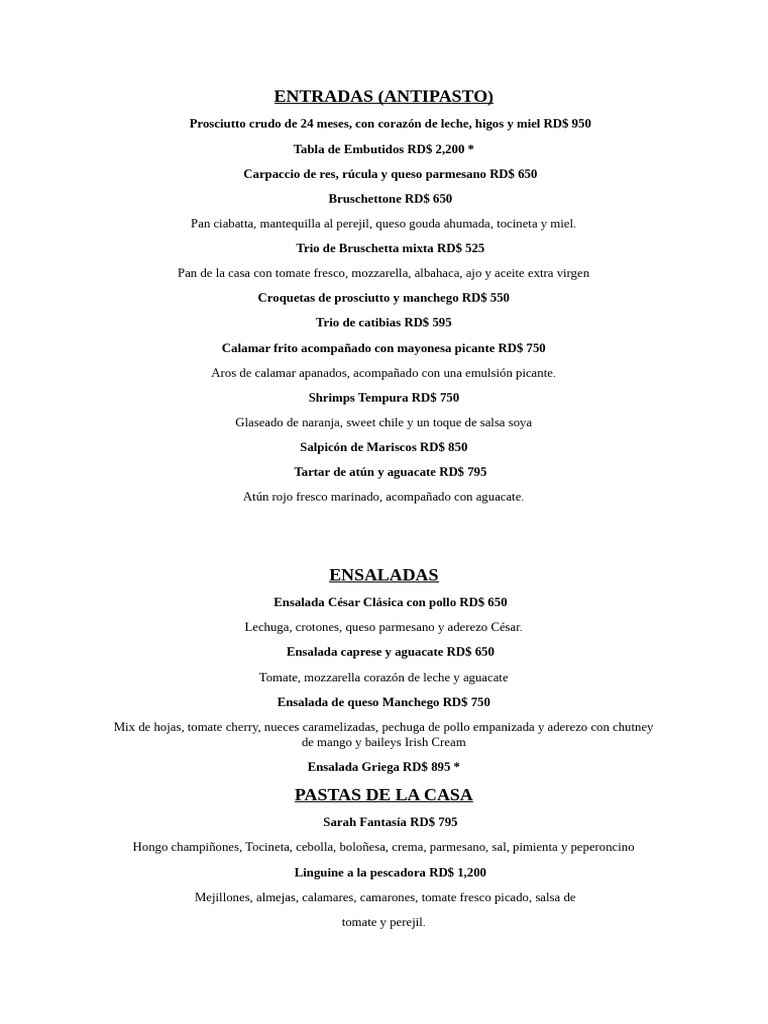 Menú Gourmet: Entradas, Pastas y Carnes | PDF | ensalada | Mariscos