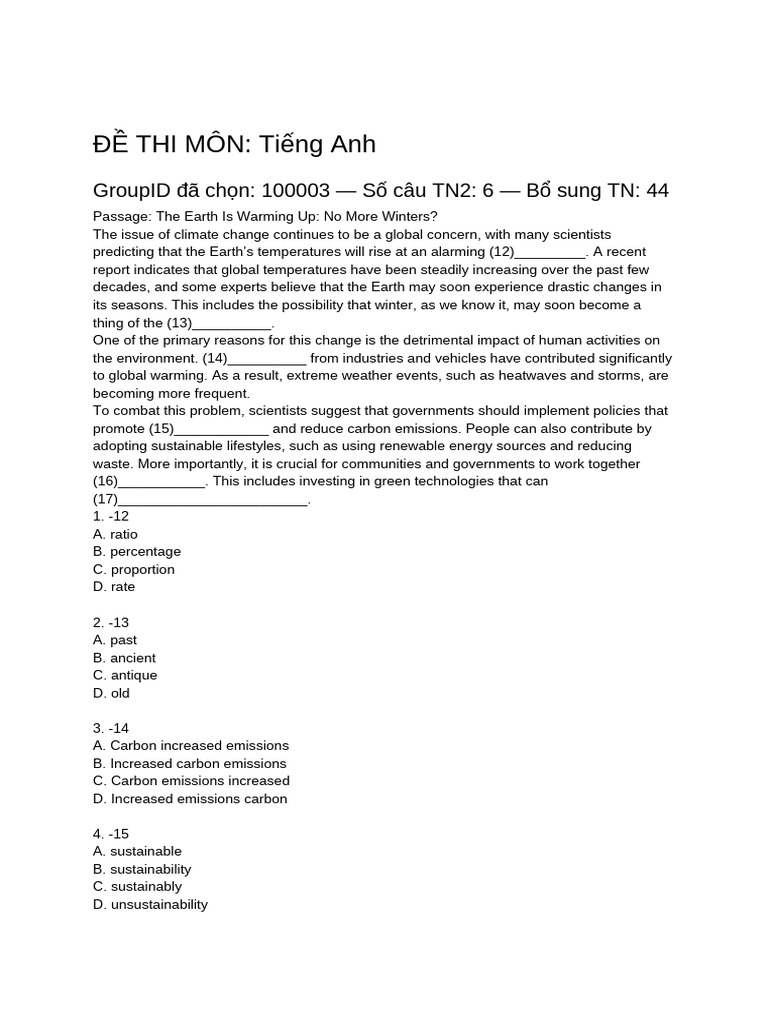 Đề Thi Tiếng Anh - 16-08-2025 | PDF | Climate Change | Natural Environment