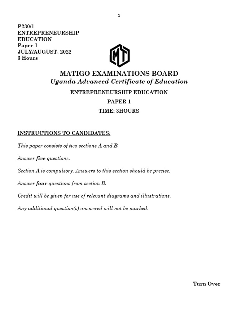 Matigo Mocks Uace Ent 1 2023 | PDF | Entrepreneurship | Economies