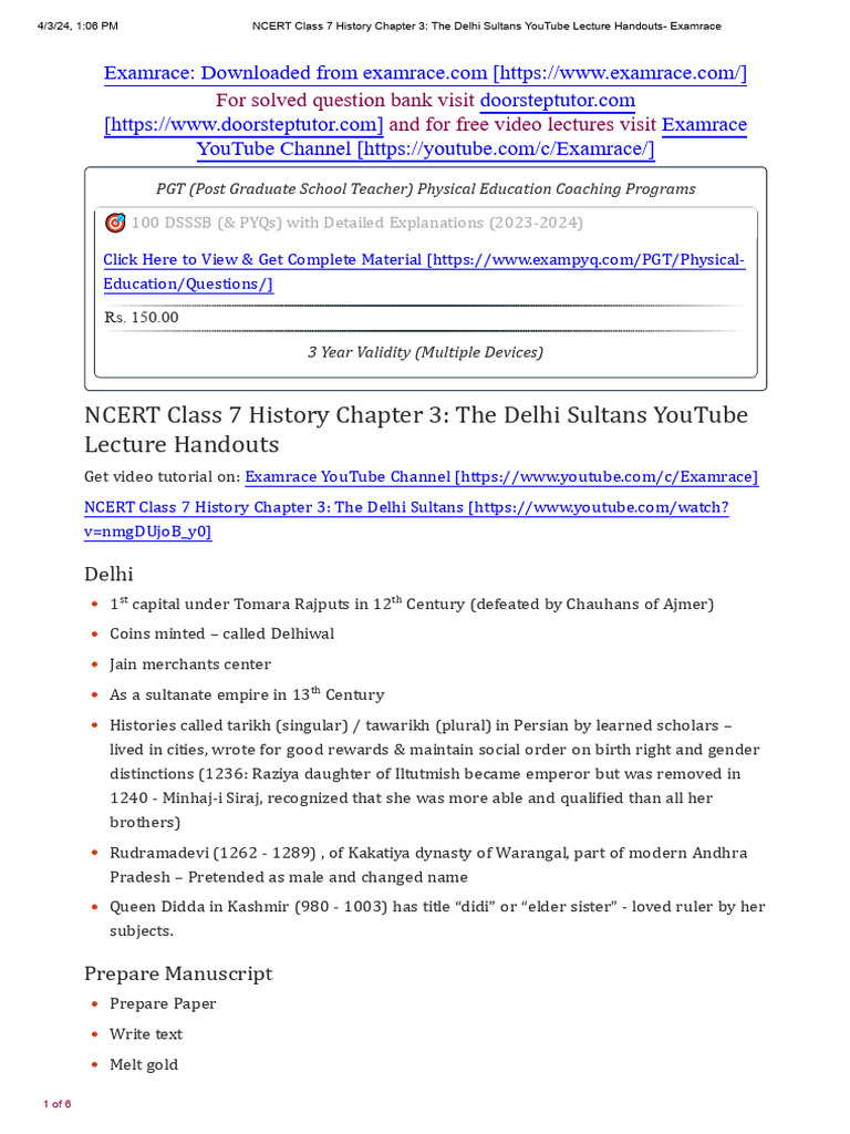 NCERT Class 7 History Chapter 3 YouTube Lecture Handouts | PDF