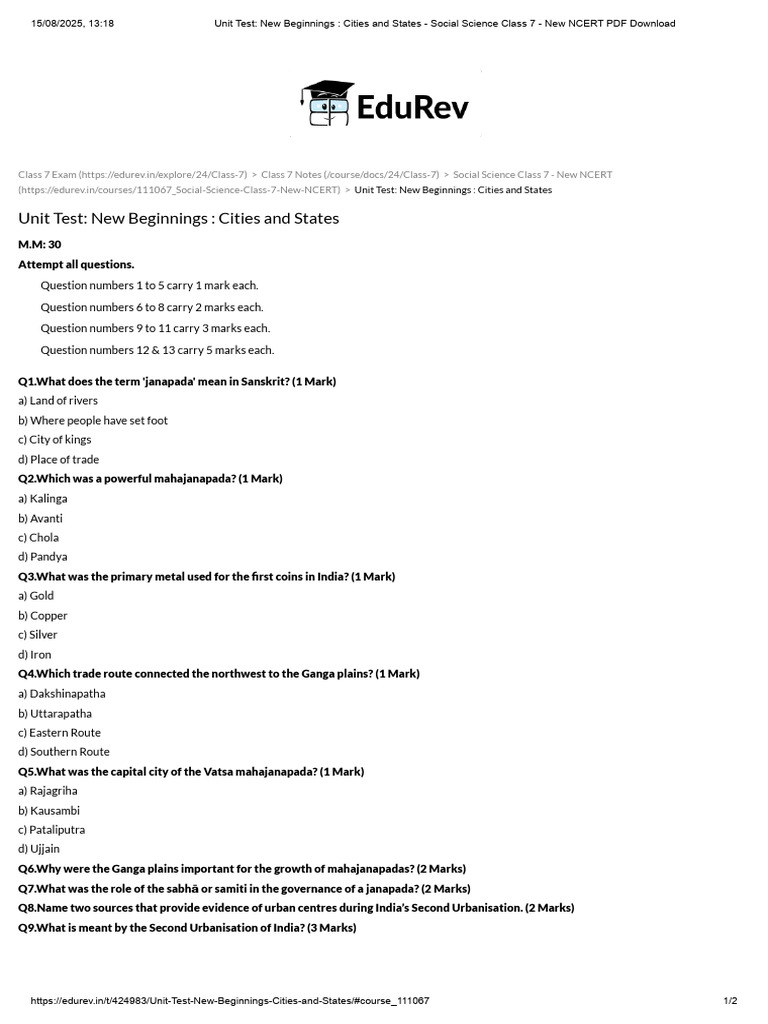 Cities and States Unit Test Class 7 | PDF | South Asia | Ancient India