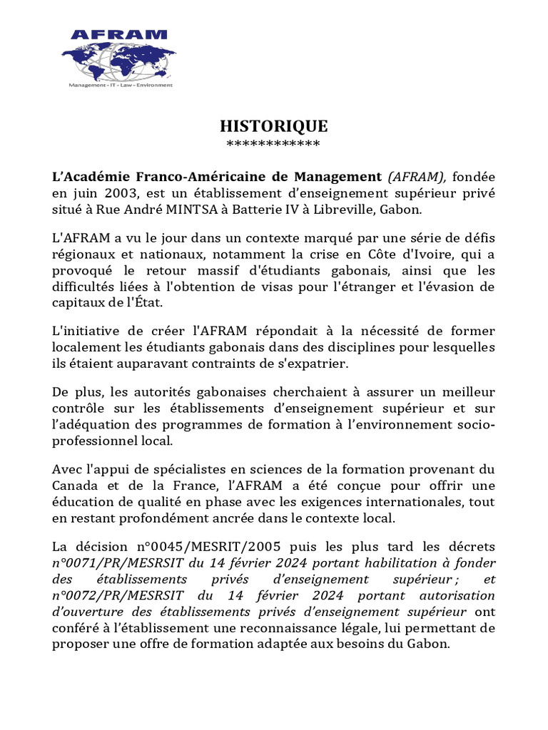 Histoire de l'AFRAM à Libreville | PDF