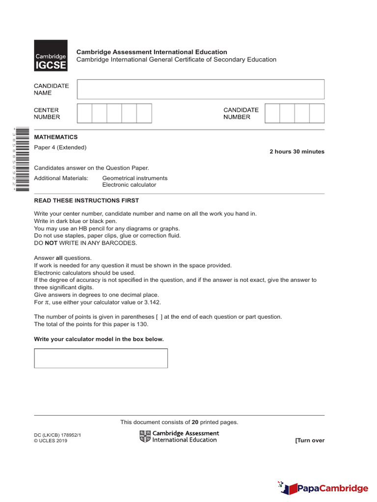 Cambridge IGCSE Mathematics Paper 4 | PDF | Tangent | Mathematics