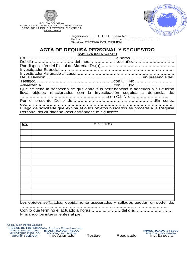 Acta de Requisa Personal Trabajo Penal | PDF