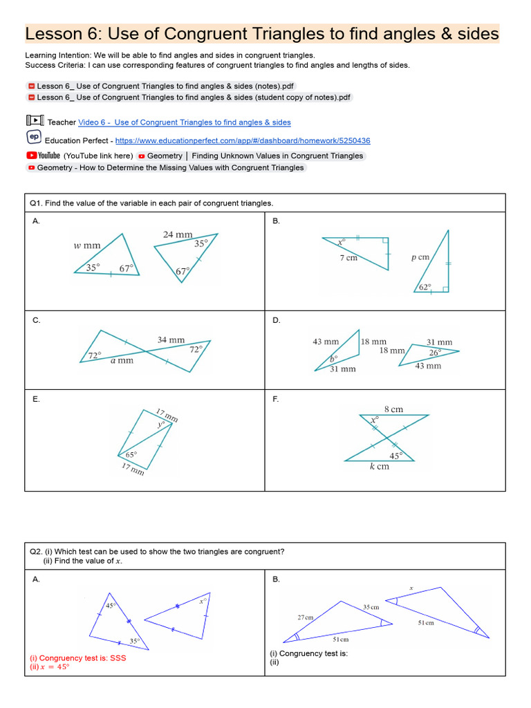 Lesson 6 Use of Congruent Triangles To Find Angles and Sides | PDF ...