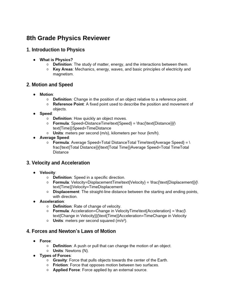 8th Grade Physics Study Guide | PDF | Force | Waves