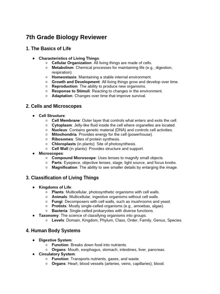 7th Grade Biology Overview | PDF | Cell (Biology) | Biology