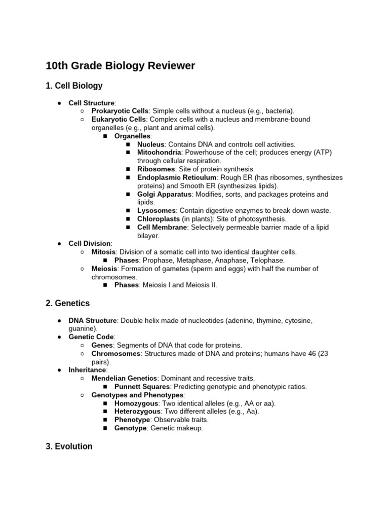 10th Grade Biology Reviewer | PDF | Cell (Biology) | Genetics