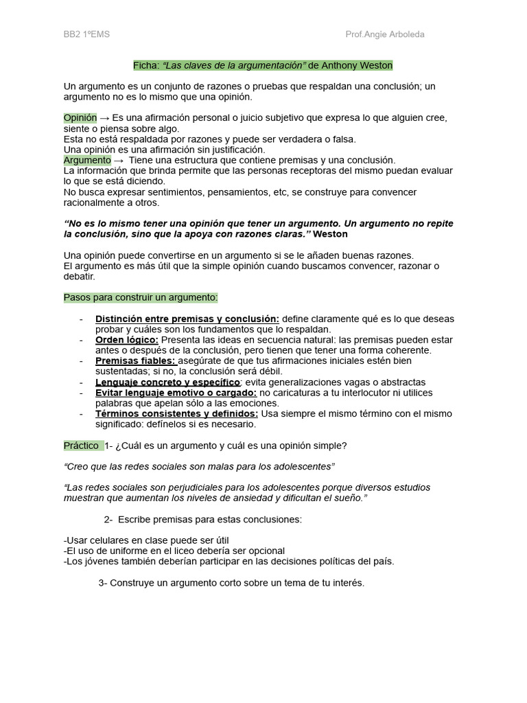Ficha - "Las Claves de La Argumentación" de Anthony Weston | PDF | Argumento | Lógica