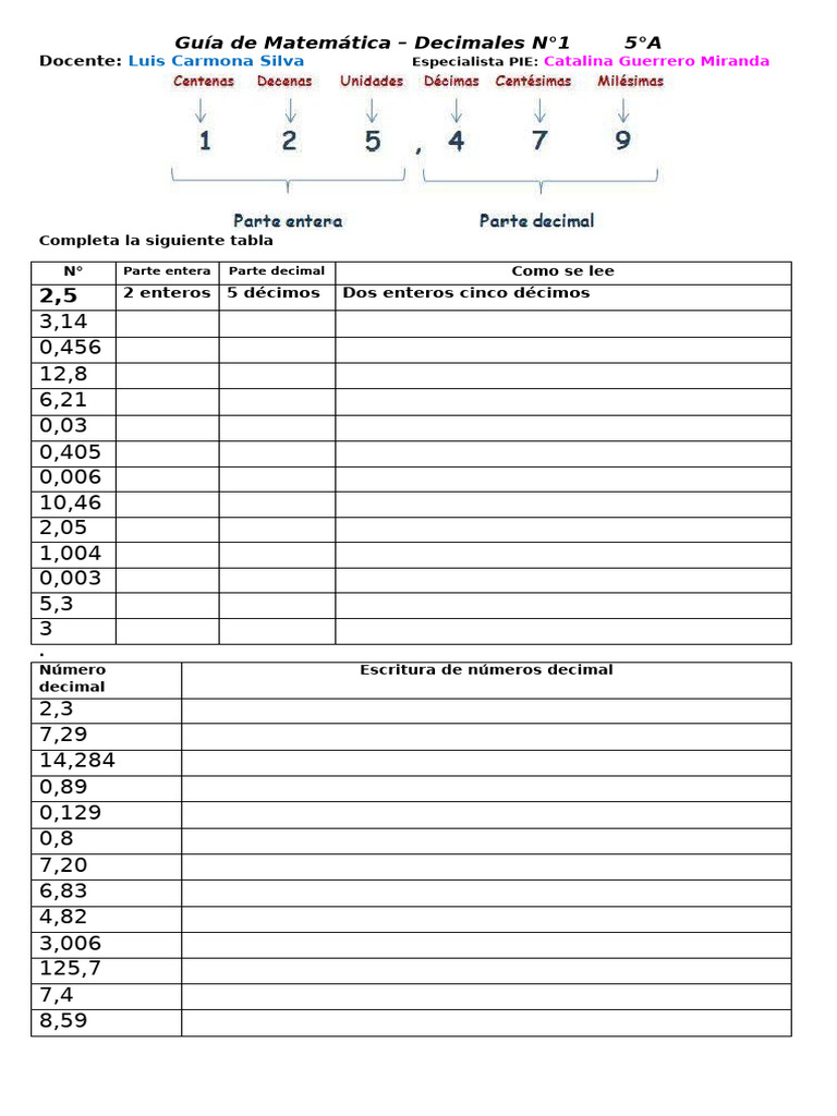 5°A Guía - Decimales N°1 | PDF