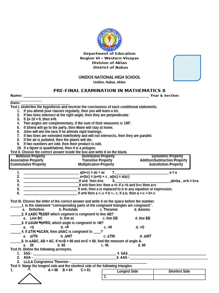 3rd Periodic Exam in Math 8 | PDF | Perpendicular | Euclid
