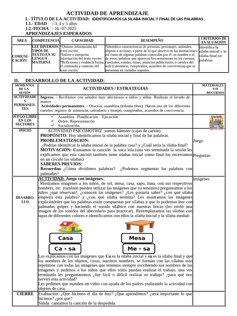 Activ.16-07-2025.SÍLABA INICIAL Y FINAL | PDF | Sílaba | Cognición