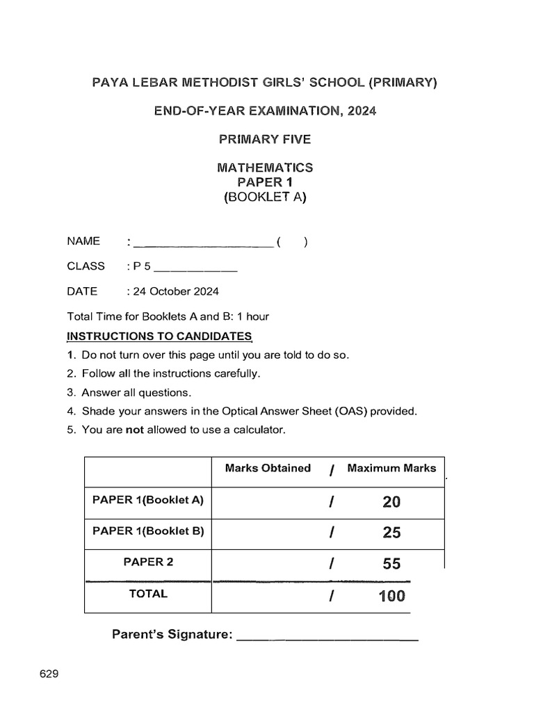 P5 Maths End-of-Year Exam Paper 2024 | PDF | Schools | Educational Stages