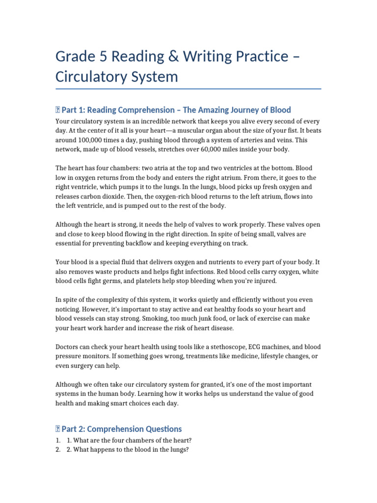 Heart Blood Circulation Reading Writing Grade5 | PDF | Circulatory ...