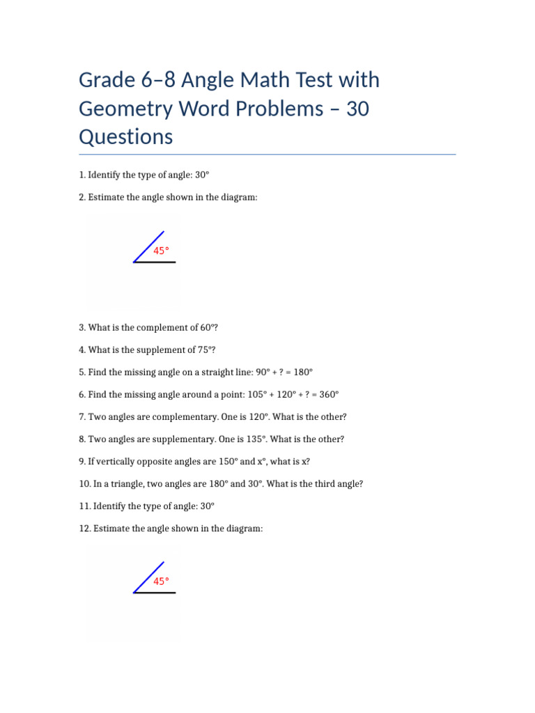 Grade 6-8 Angle Math Test Questions | PDF