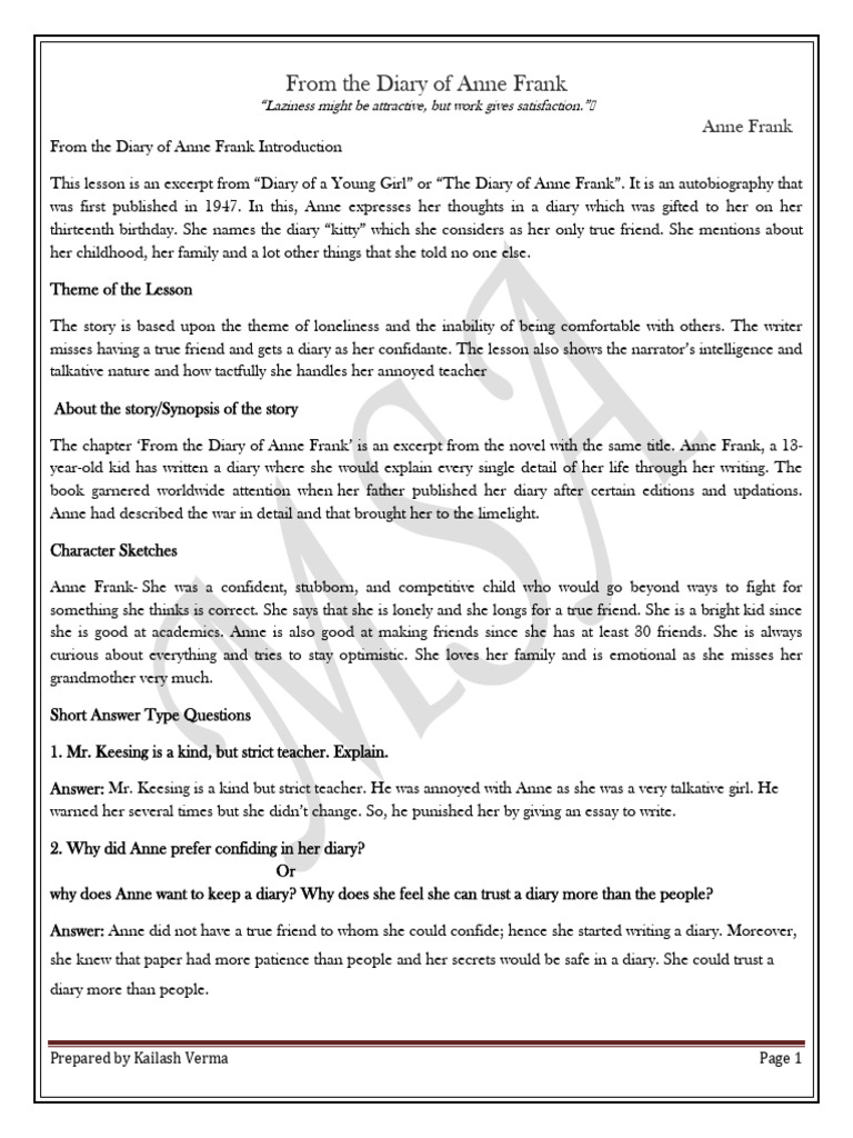 CHAPTER 4 (From The Diary of Anne Frank) | PDF | Anne Frank