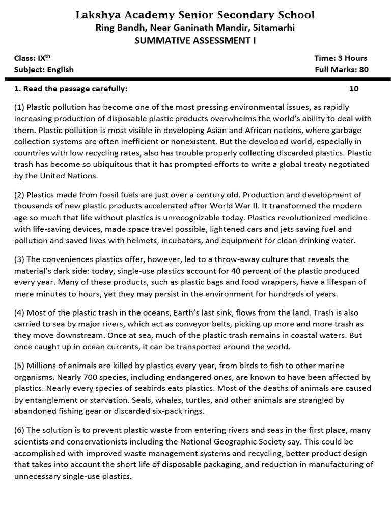 English Class 9th Sample Paper | PDF | Plastic | Waste
