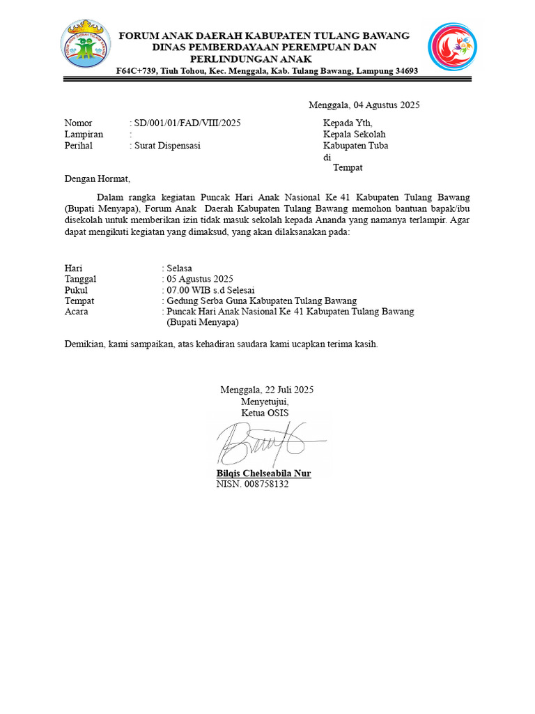 Surat Dispensasi untuk Agita Putri | PDF