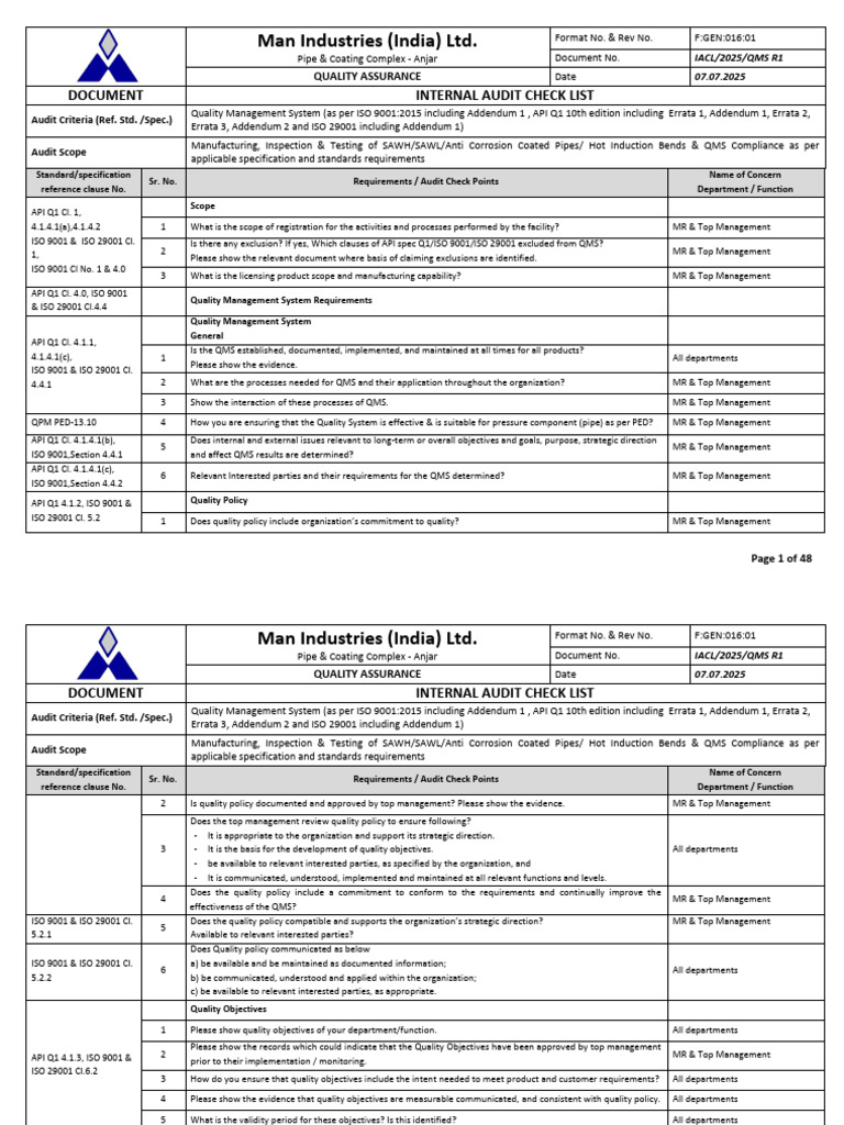 Audit Check List - QMS - R1 | PDF | Quality Management System | Audit