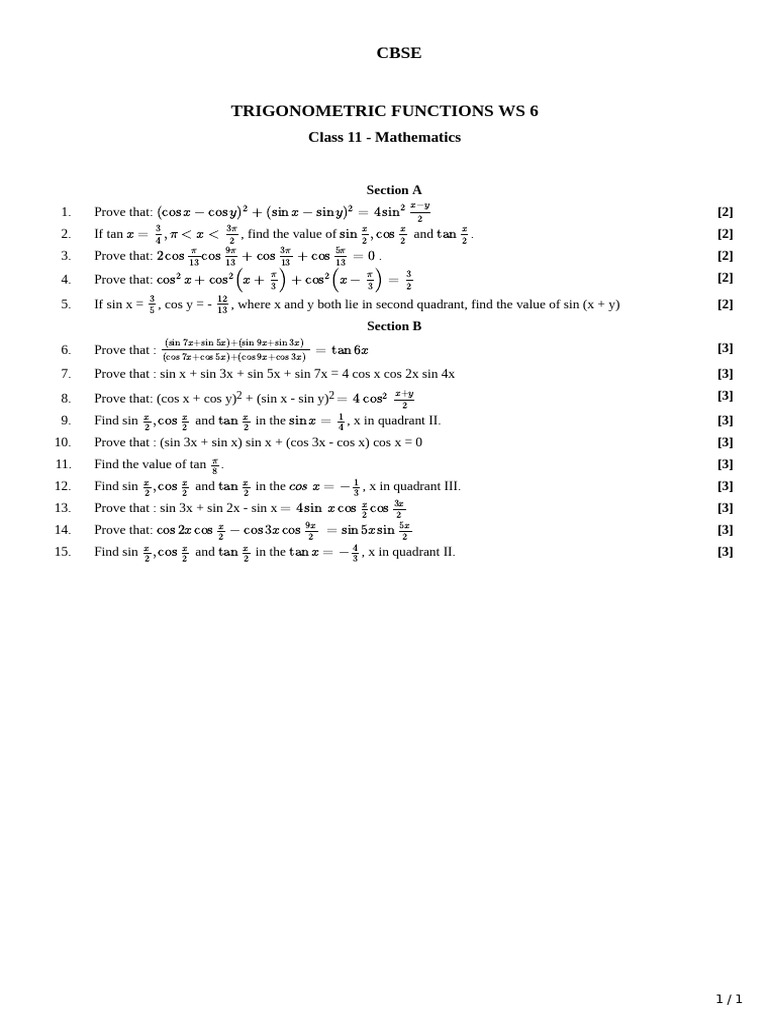 Class 11 Trigonometric Functions Worksheet | PDF | Geometric ...