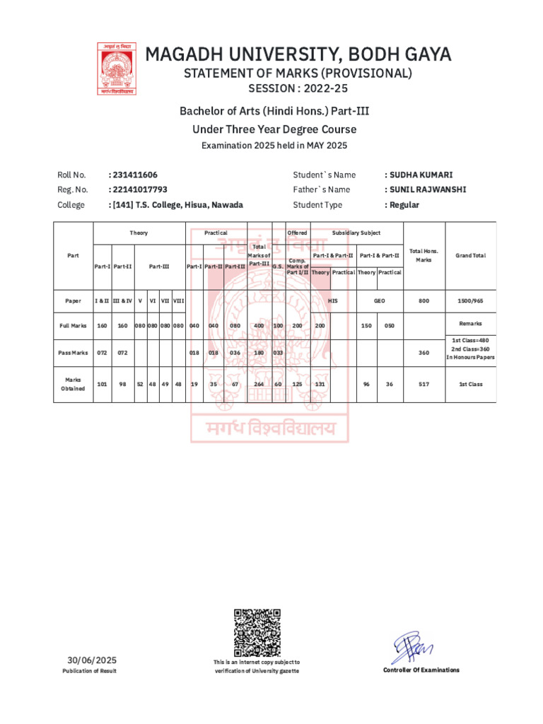 Marksheet - Magadh University, Bodh Gaya | PDF | Academic Degree ...