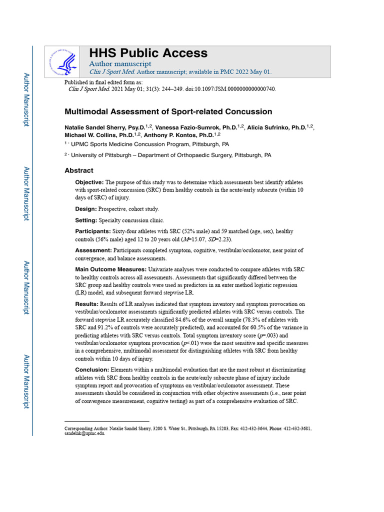 Multimodal Assessment for Sport Concussion | PDF | Concussion