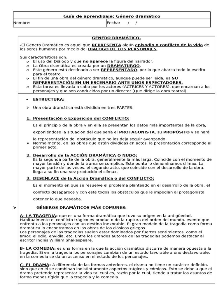 Guía de Aprendizaje Género Dramático | PDF | Tragedia | Comedia