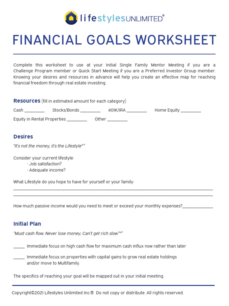 Financial Goals Worksheet for Real Estate | PDF