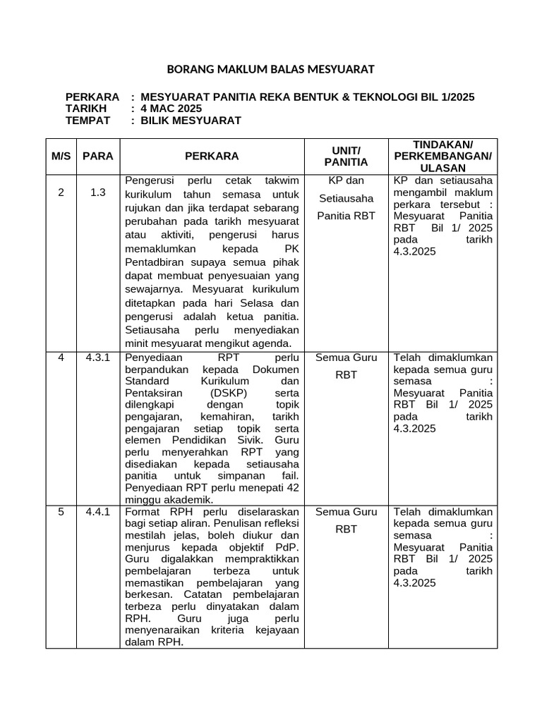 Rekod Edaran Dan Borang Maklum Balas Mesyuarat Bil.1 2025 | PDF