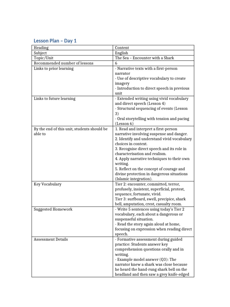 Lesson Plan The Sea Day1 | PDF | Reading Comprehension | Human ...