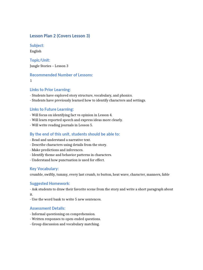 Lesson Plan 2 - Jungle Stories | PDF | Reading Comprehension ...