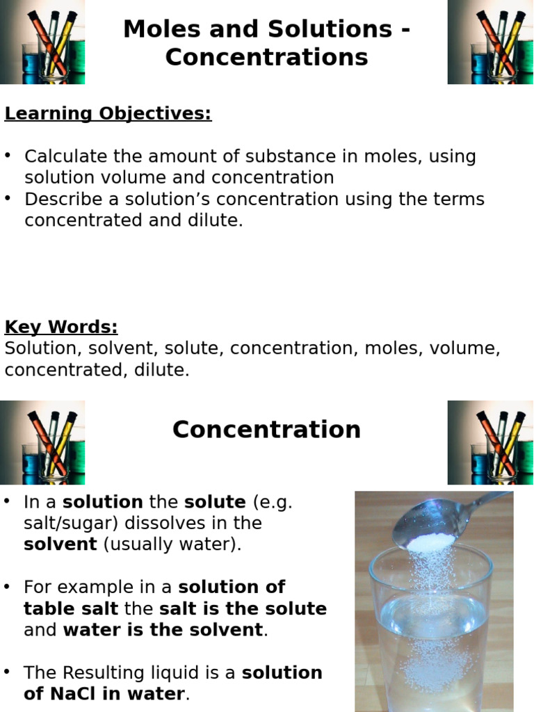 Moles and Solutions - Concentrations: Learning Objectives | PDF ...