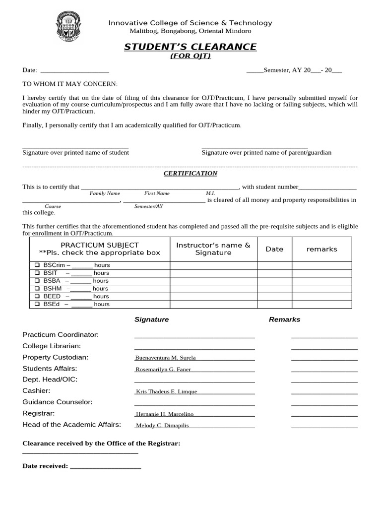Clearance Form - Ojt Revised 2024 | PDF