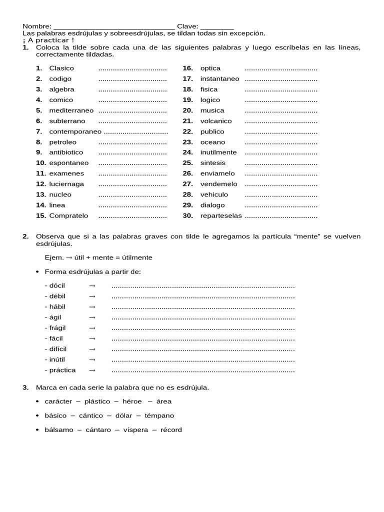 Palabras Esdrujulas y Sobreesdrujulas para Cuarto de Primaria | PDF